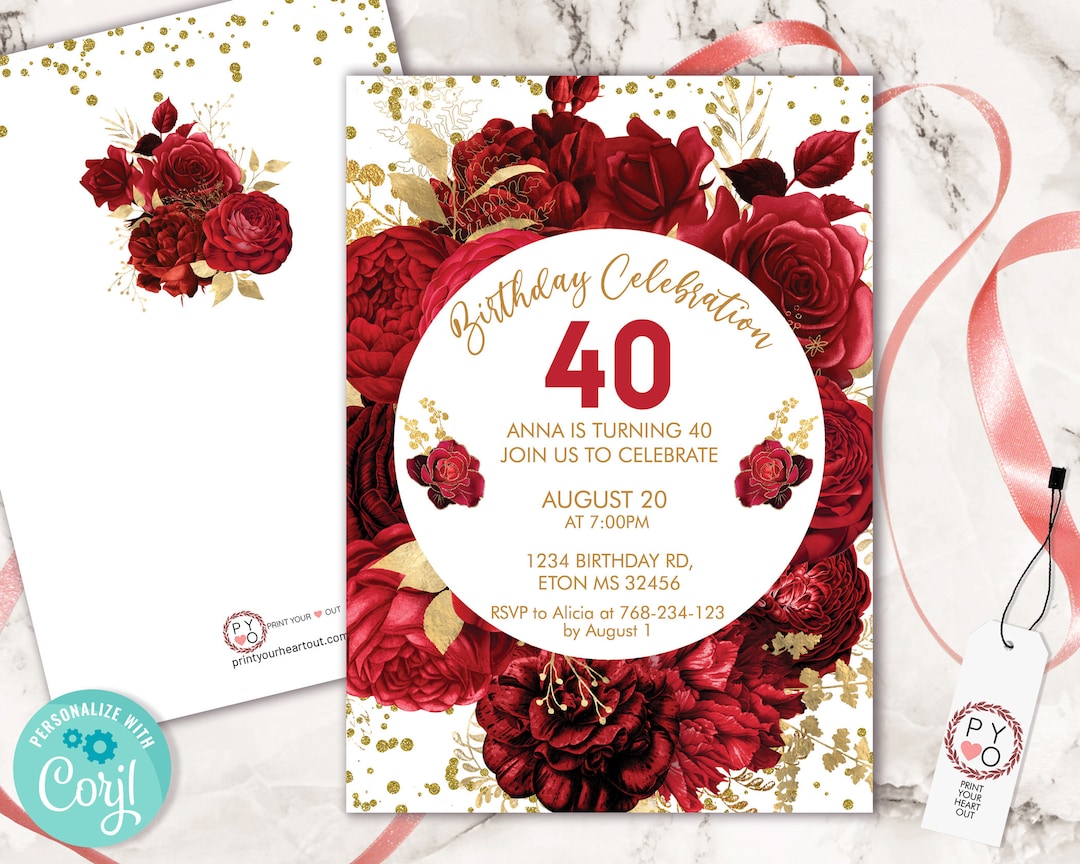 Red Roses Flowers Invitation Printable Template, White Gold Confetti ...