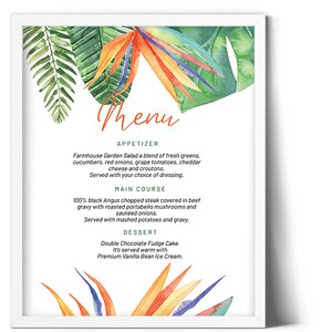 Tropical Bird of Paradise Menu, DIY Editable Menu, Menu Cards ...