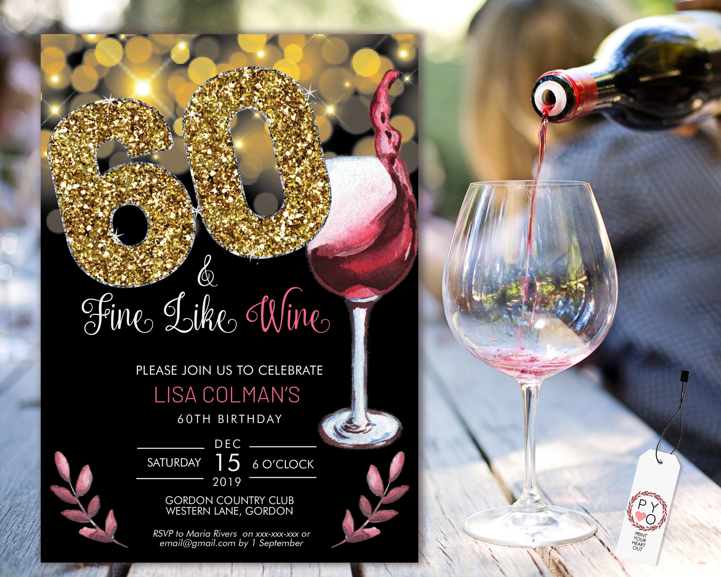 DIY 60th Birthday Wine Invitation Printable Template Black Gold Glitter Fine Wine Editable 
