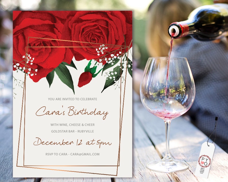 Watercolor Red Roses Birthday Invitation Printable Template - Etsy ...