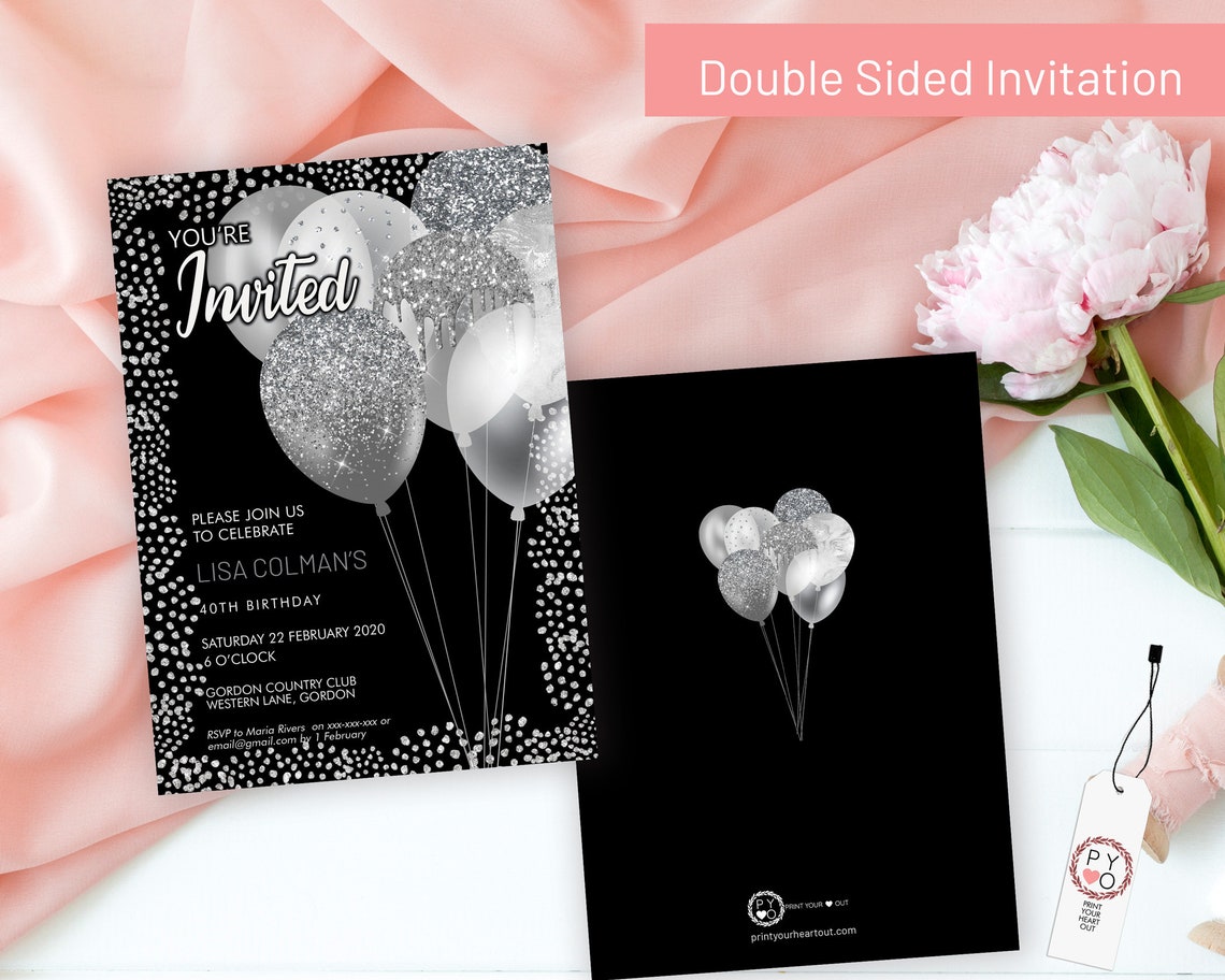 Silver Birthday Balloons Invitation Printable Template Black - Etsy