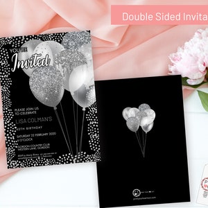 Silver Birthday Balloons Invitation Printable Template, Black Silver ...