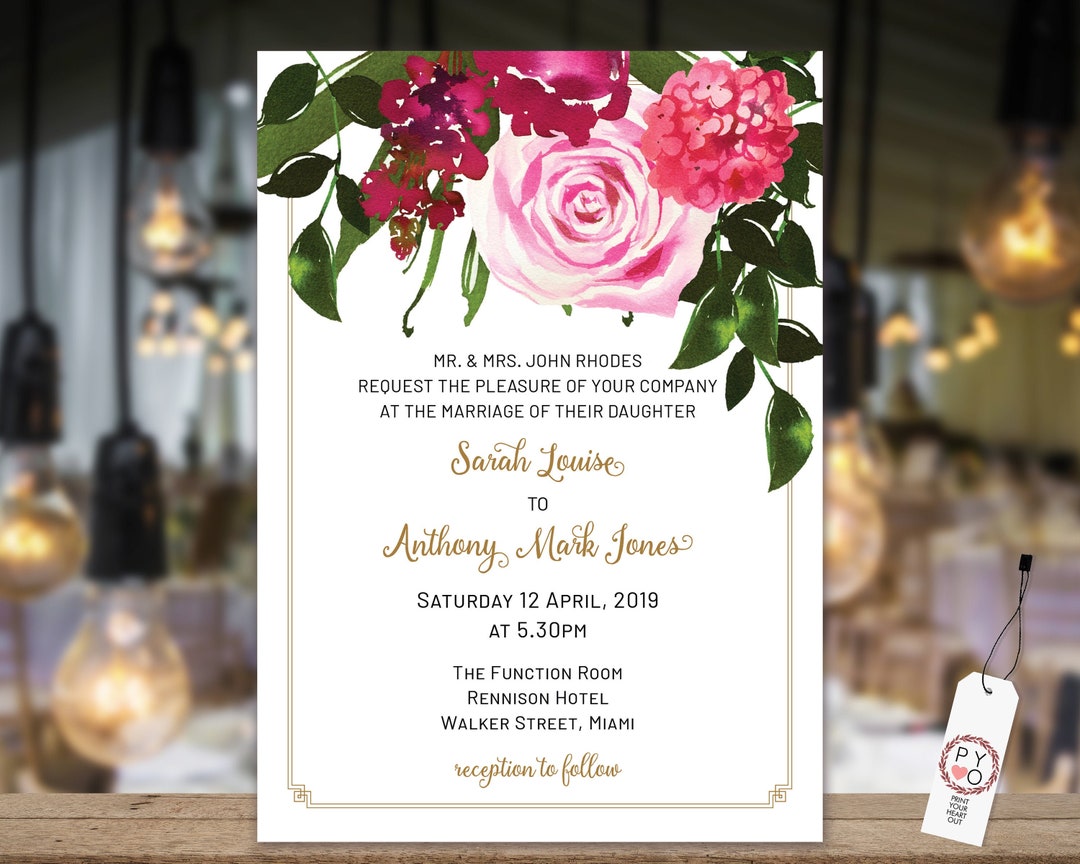 Pink Floral Wedding Invitation, Rose Invitation, Reception Invitation ...