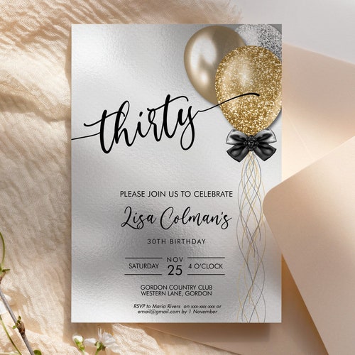 Birthday Party Invitation Rose Gold Balloons Chalkboard Etsy
