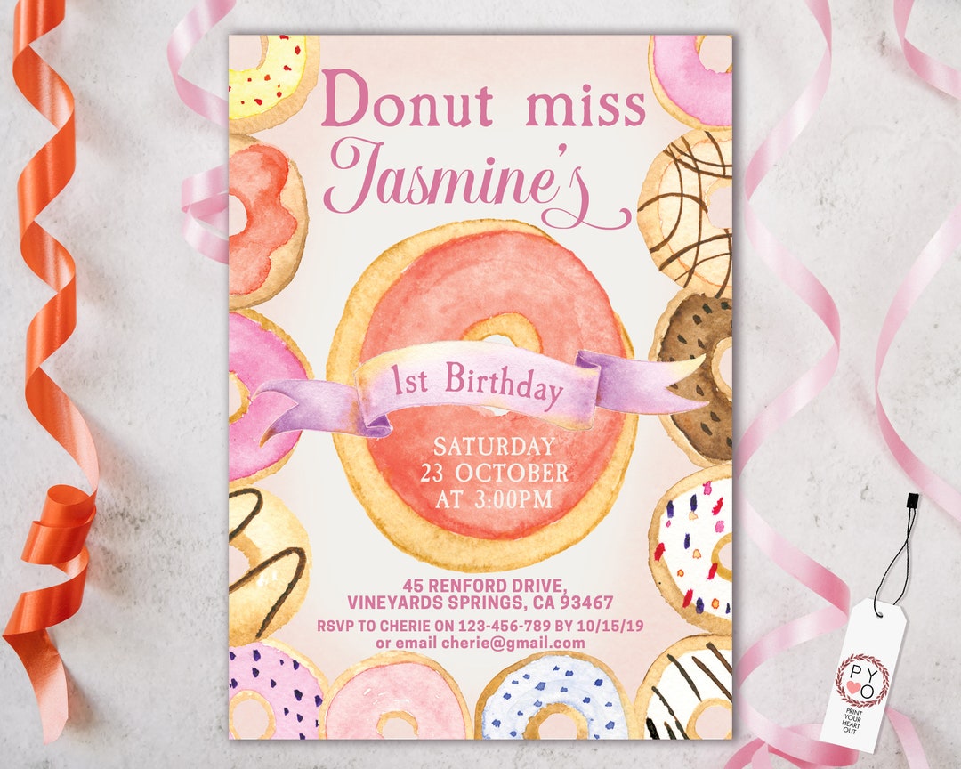 1st Birthday Donut Invitation Printable Template, One Editable ...