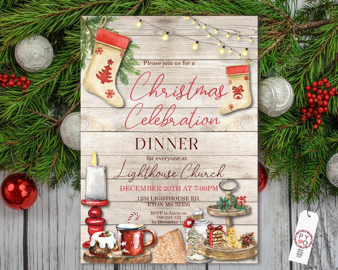 Rustic Christmas Party Invitation, Farmhouse Gingerbread, Red Stockings ...