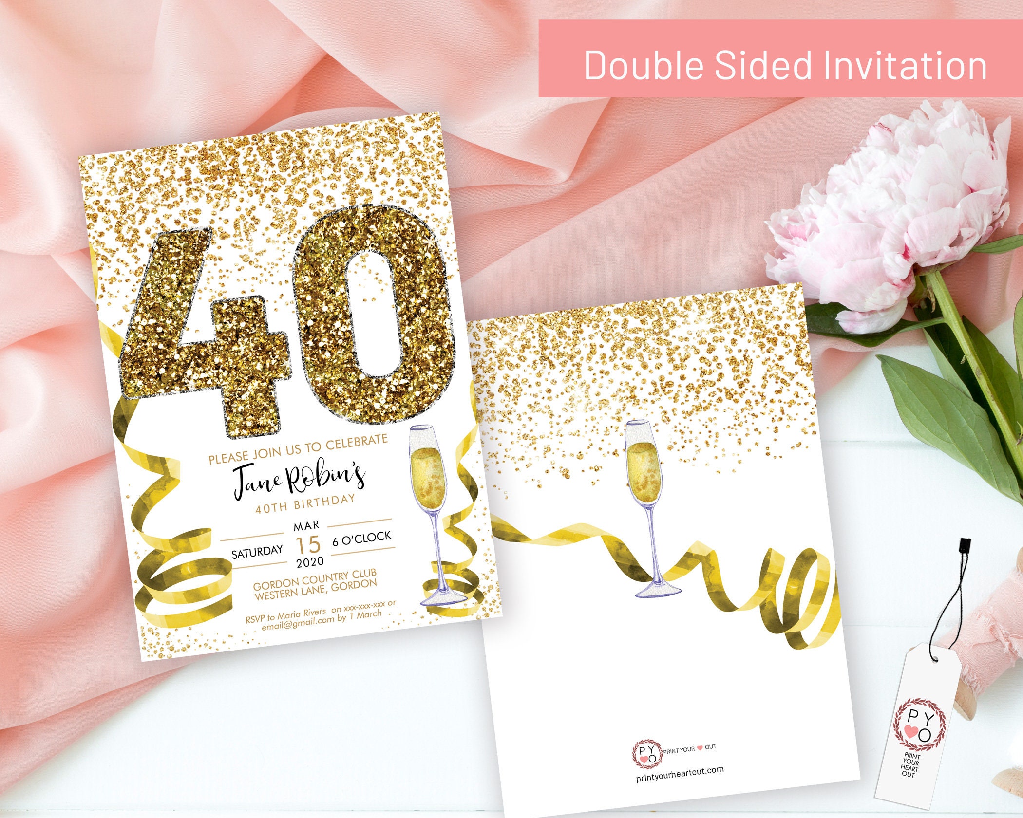 Gold 40th Birthday Confetti Champagne Invitation Template Etsy