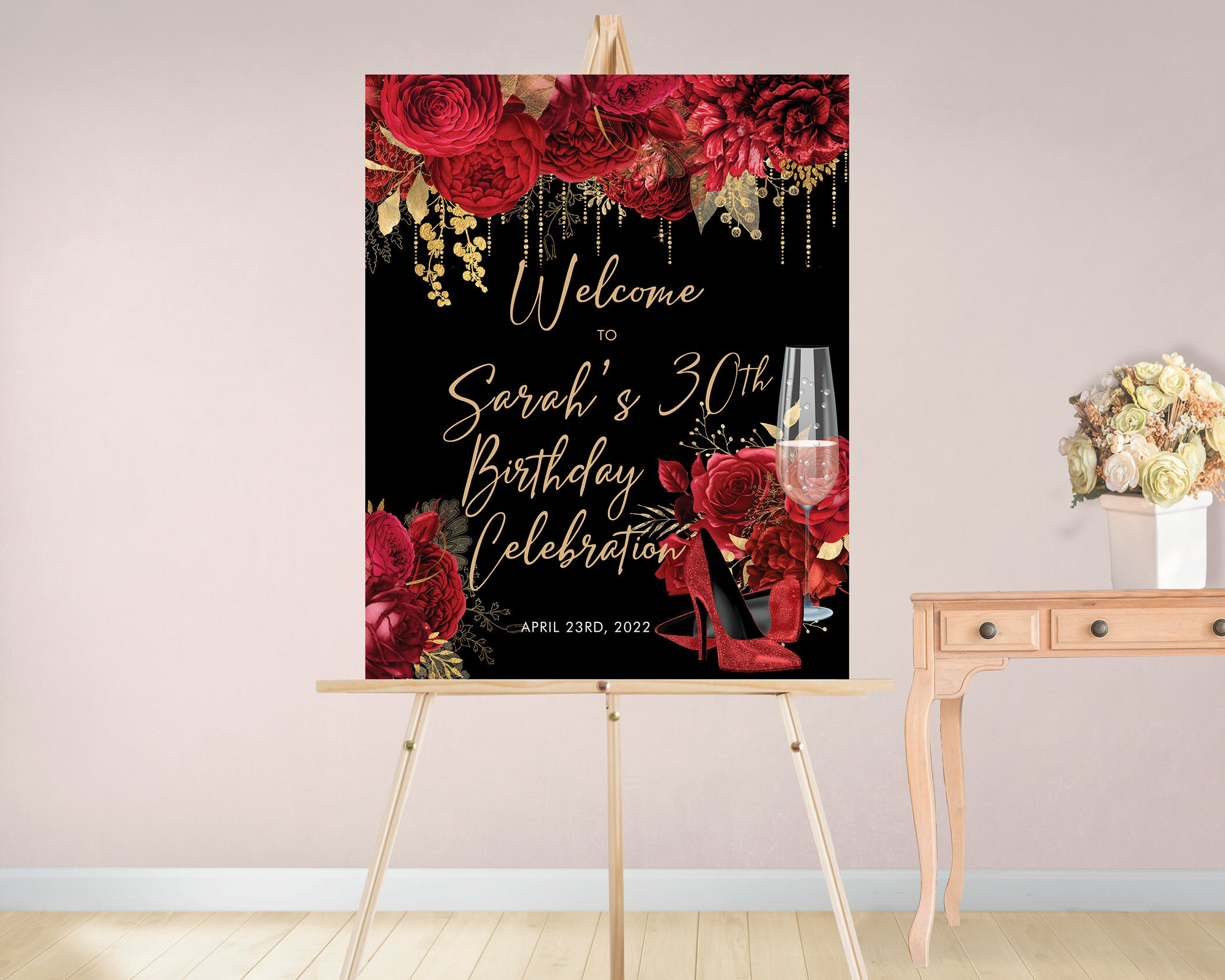 Red Glitter Heels Floral Roses Birthday Welcome Sign Printable Template