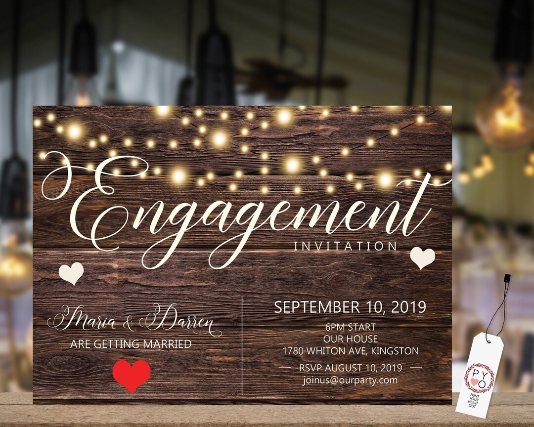 Rustic Engagement Invitation: Brown Wood, Party Lights (digital ...