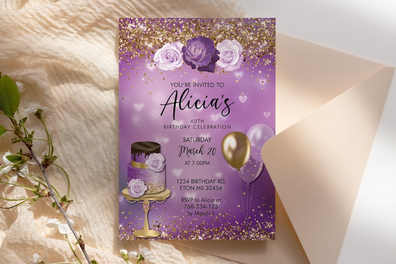 Lilac Purple Birthday Invitation: Gold Glitter Cake, Balloons ...