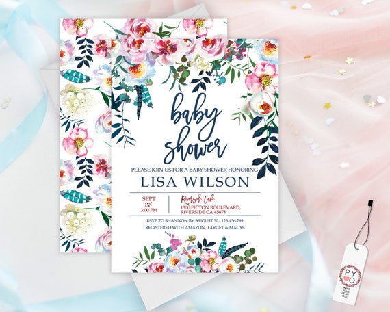 Invitaciones Para Baby Shower En Azul Marino Y Rosa Invitación