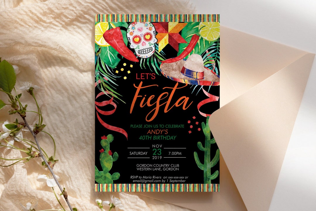 Mexican Fiesta Birthday Party Invitation, Watercolor Invite, Cinco De ...
