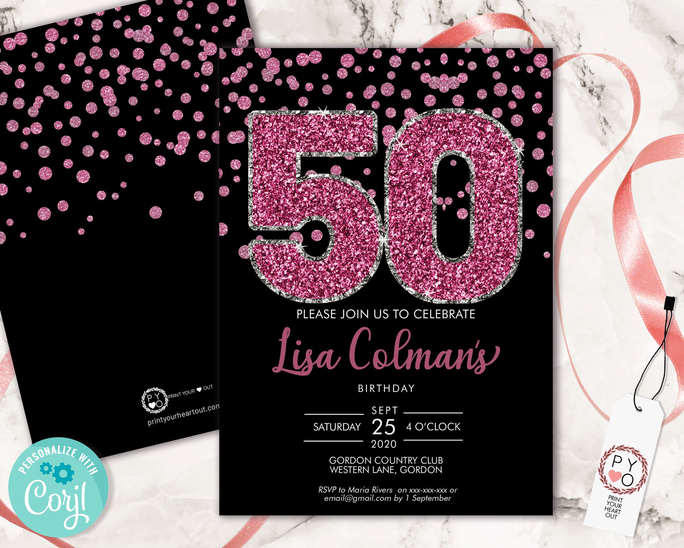 DIY 50th Birthday Confetti Invitation Printable Template Black Pink 