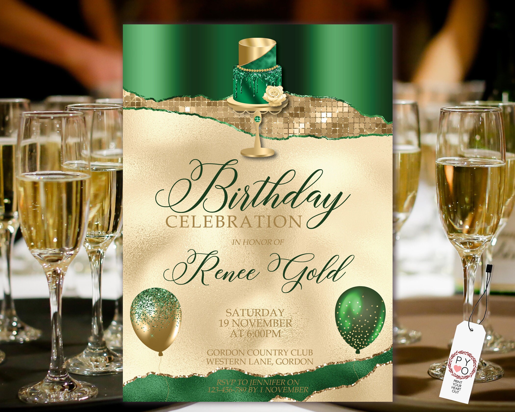 Emerald Gold Cake Birthday Invitation Printable Template Green Gold Emerald Gold Cake Birthday Invitation Printable Template Green Gold