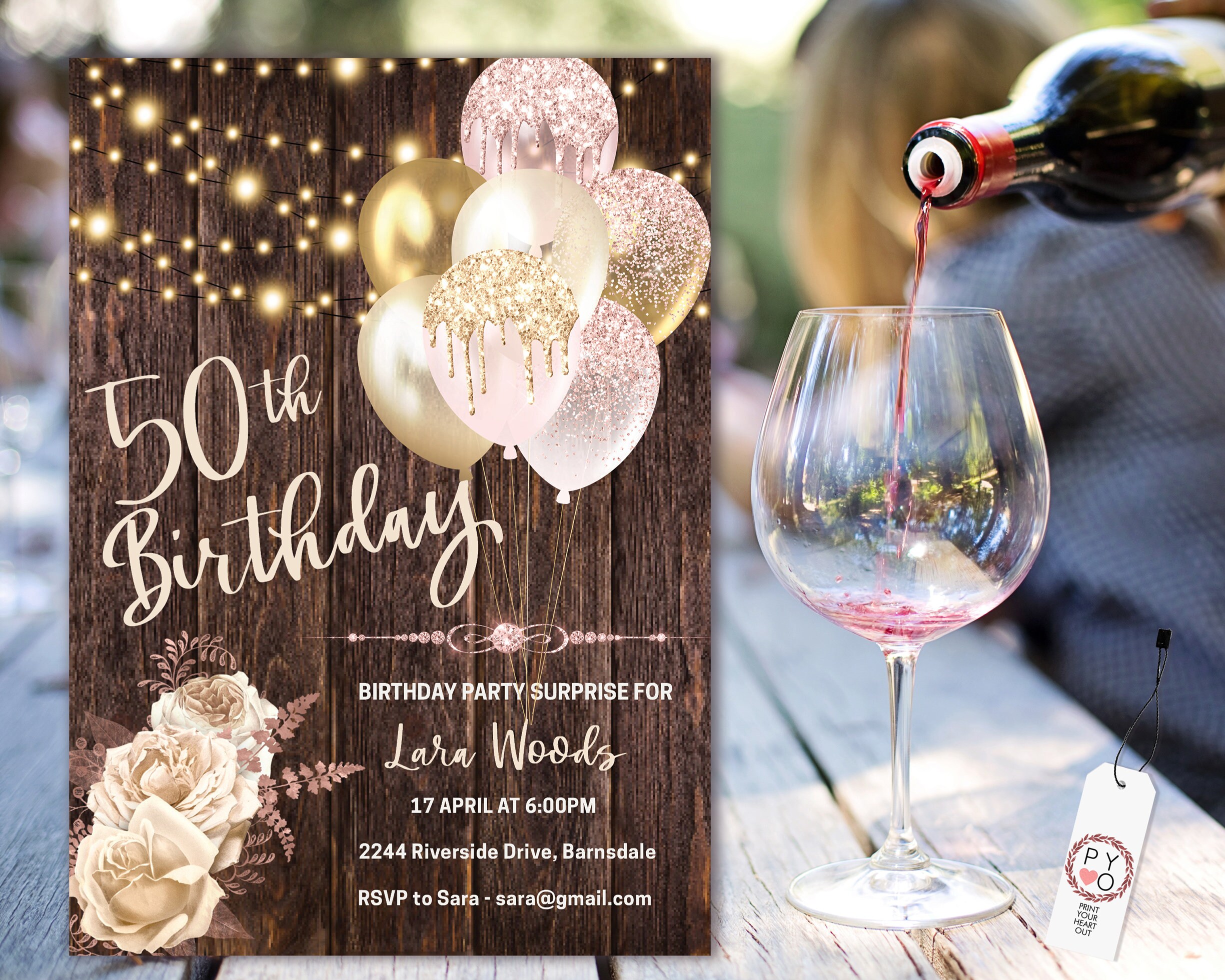 50th Pink Balloons Wood Birthday Invitation Printable Template Rustic 