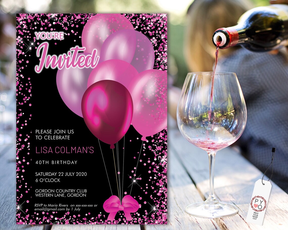 Hot Pink Magenta Birthday Balloons Invitation Printable | Etsy