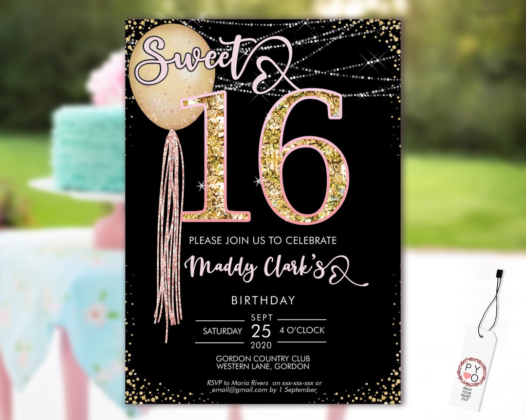 Sweet 16 Party Invitation Printable Template, Black Editable Invitation ...