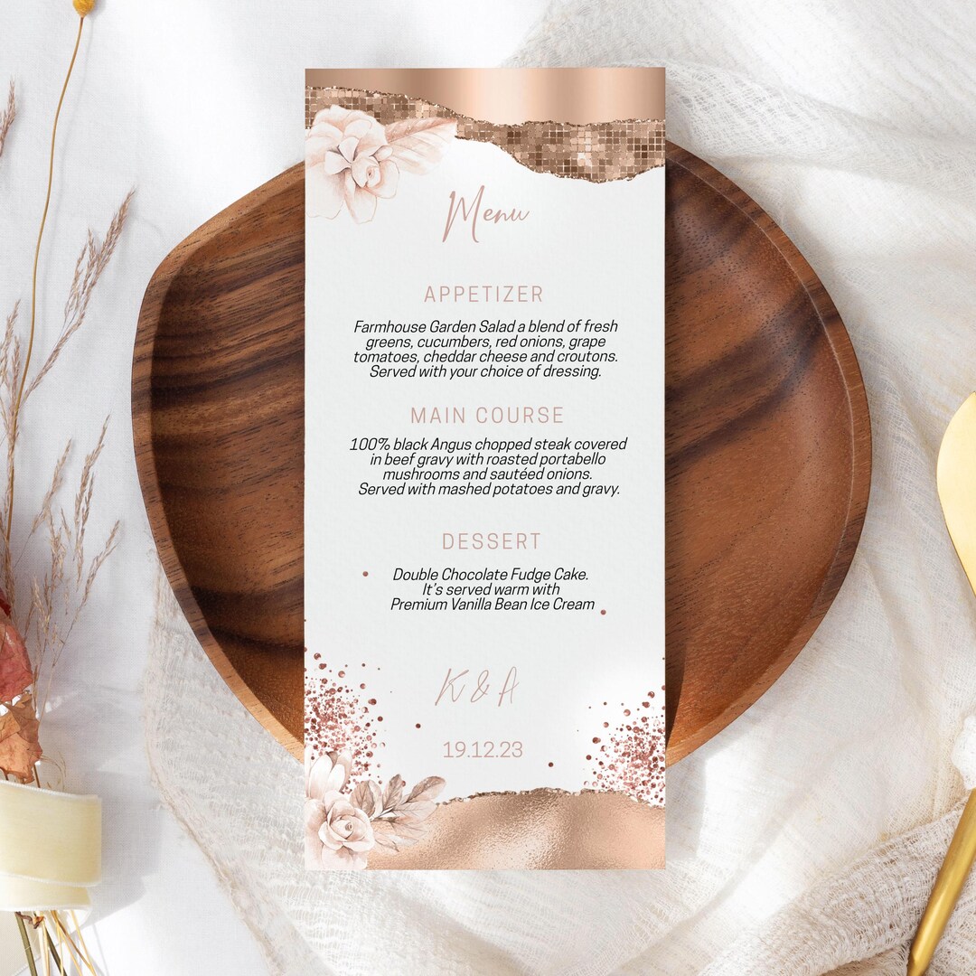 Rose Gold Floral Wedding Menu: Editable DIY Printable (4x9 & 5x7 ...