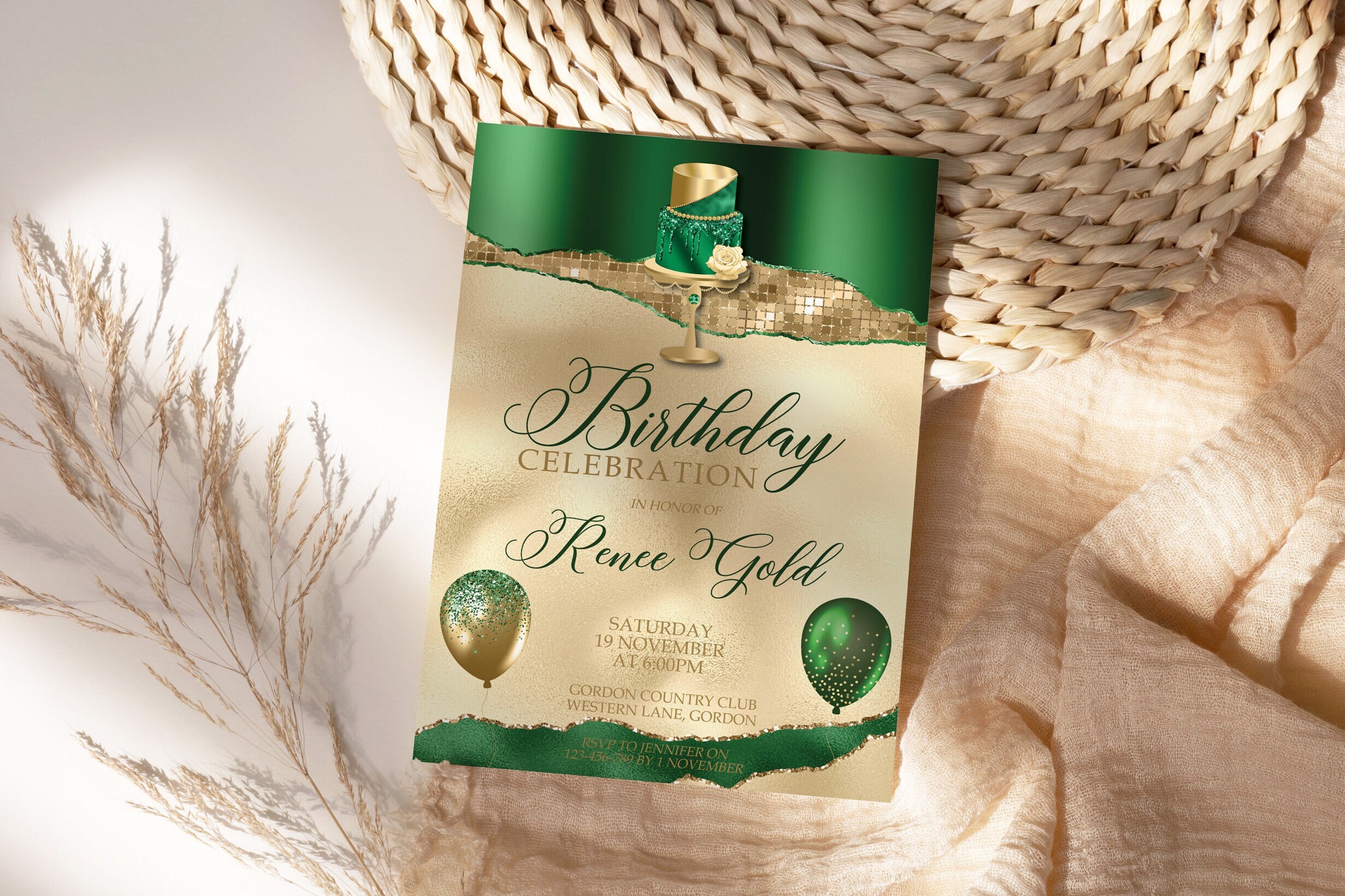 Emerald Gold Cake Birthday Invitation Printable Template Green Gold Emerald Gold Cake Birthday Invitation Printable Template Green Gold