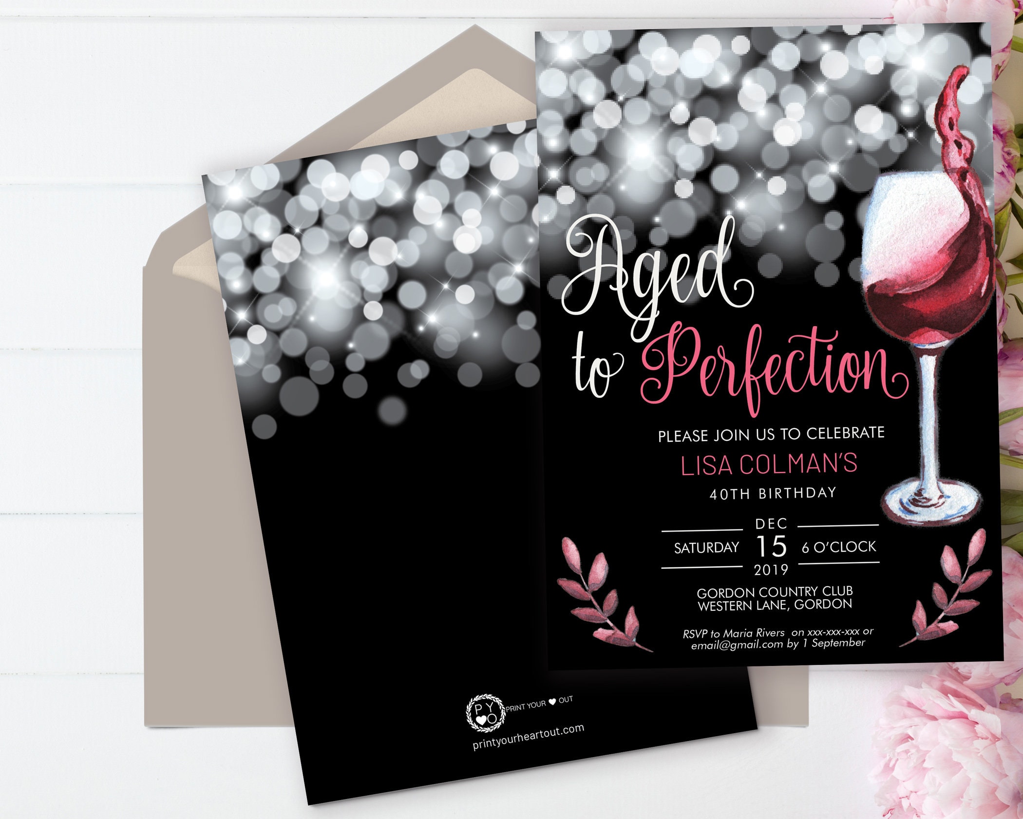 Aged To Perfection Wine Birthday Invitation Printable Template Black