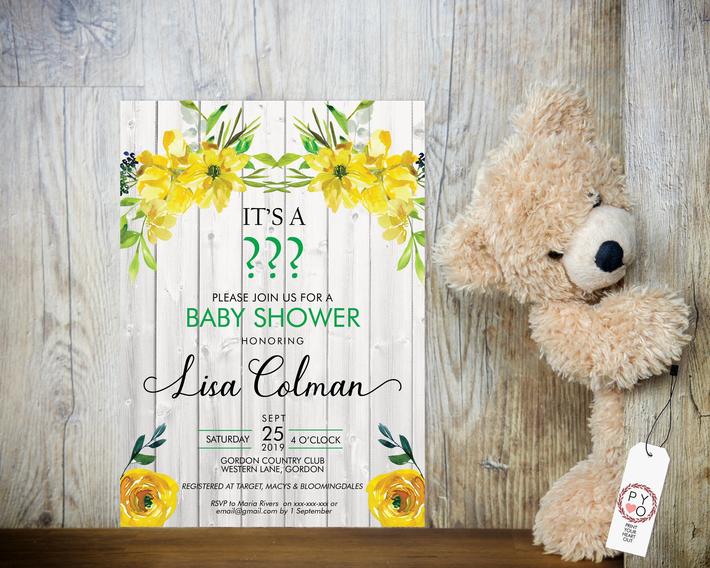 Gender Reveal Baby Shower Invitation Yellow Floral Shower Invitation 