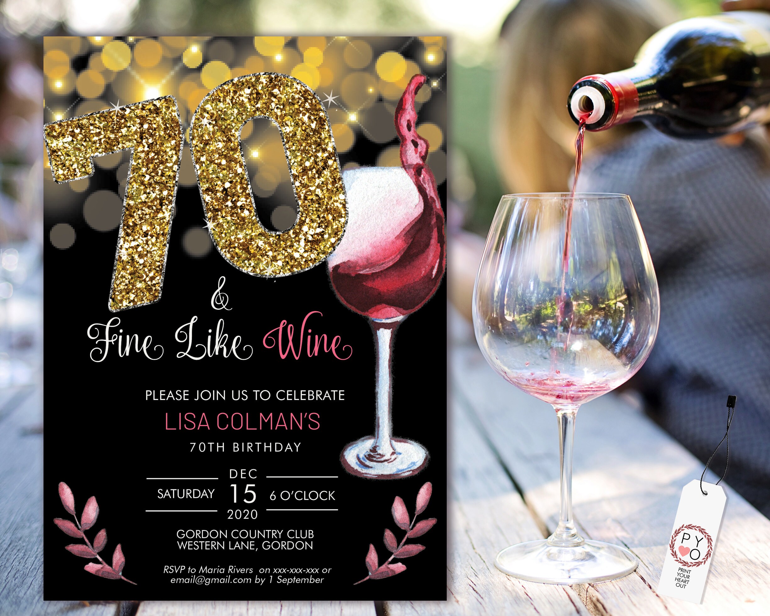 DIY 70th Birthday Wine Invitation Printable Template Black Etsy de