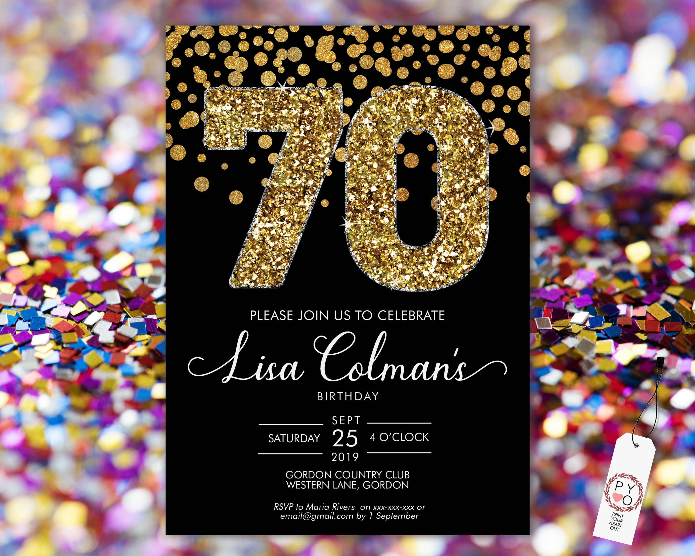DIY 70th Birthday Confetti Invitation Printable Template Black Gold 
