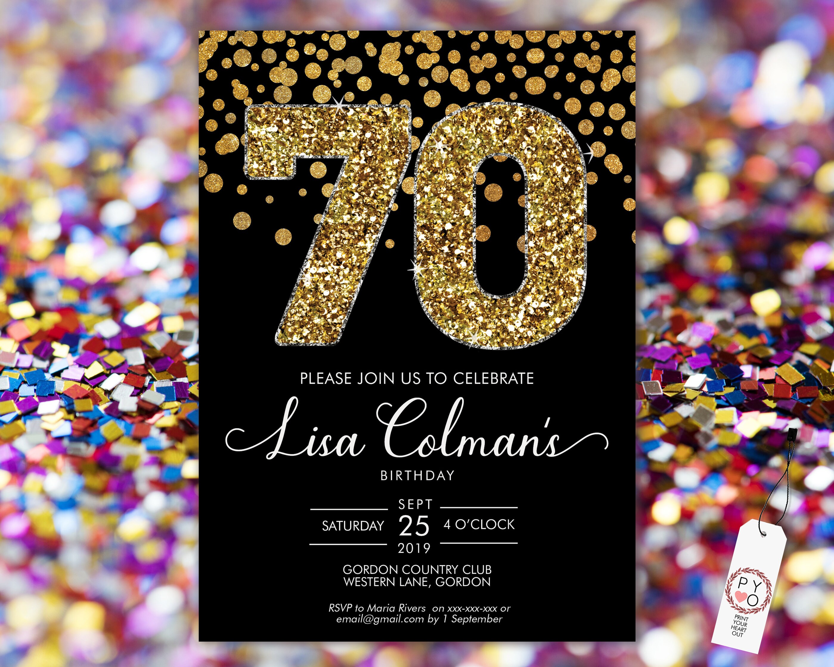 DIY 70th Birthday Confetti Invitation Printable Template Black Gold 