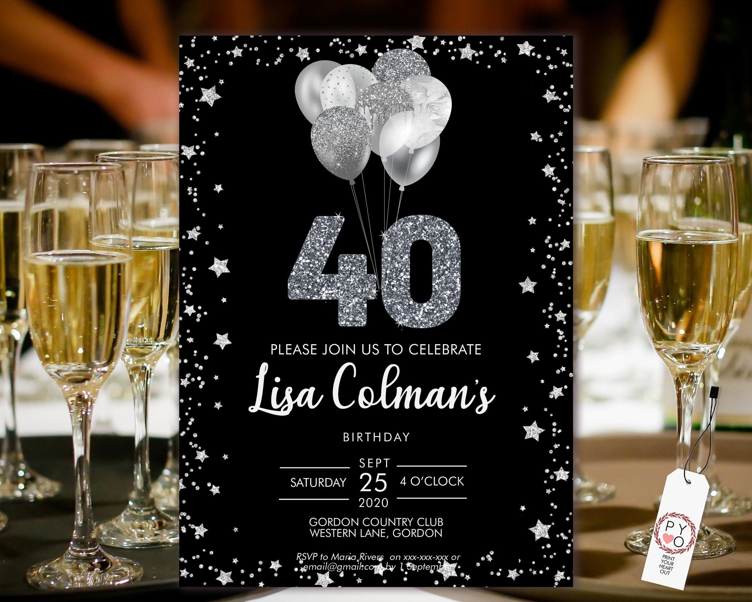 DIY 40th Birthday Balloons Invitation Printable Template Black Silver
