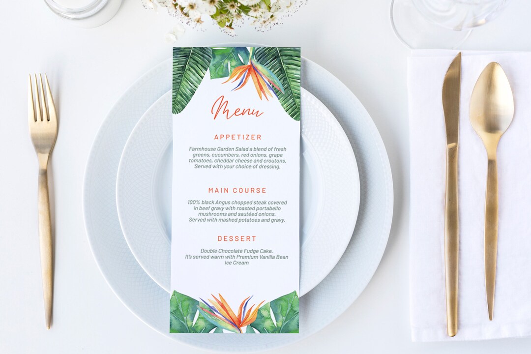 Tropical Bird of Paradise Menu, DIY Editable Menu, Menu Cards ...