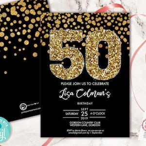 DIY 50th Birthday Confetti Invitation Printable Template, Black Gold ...