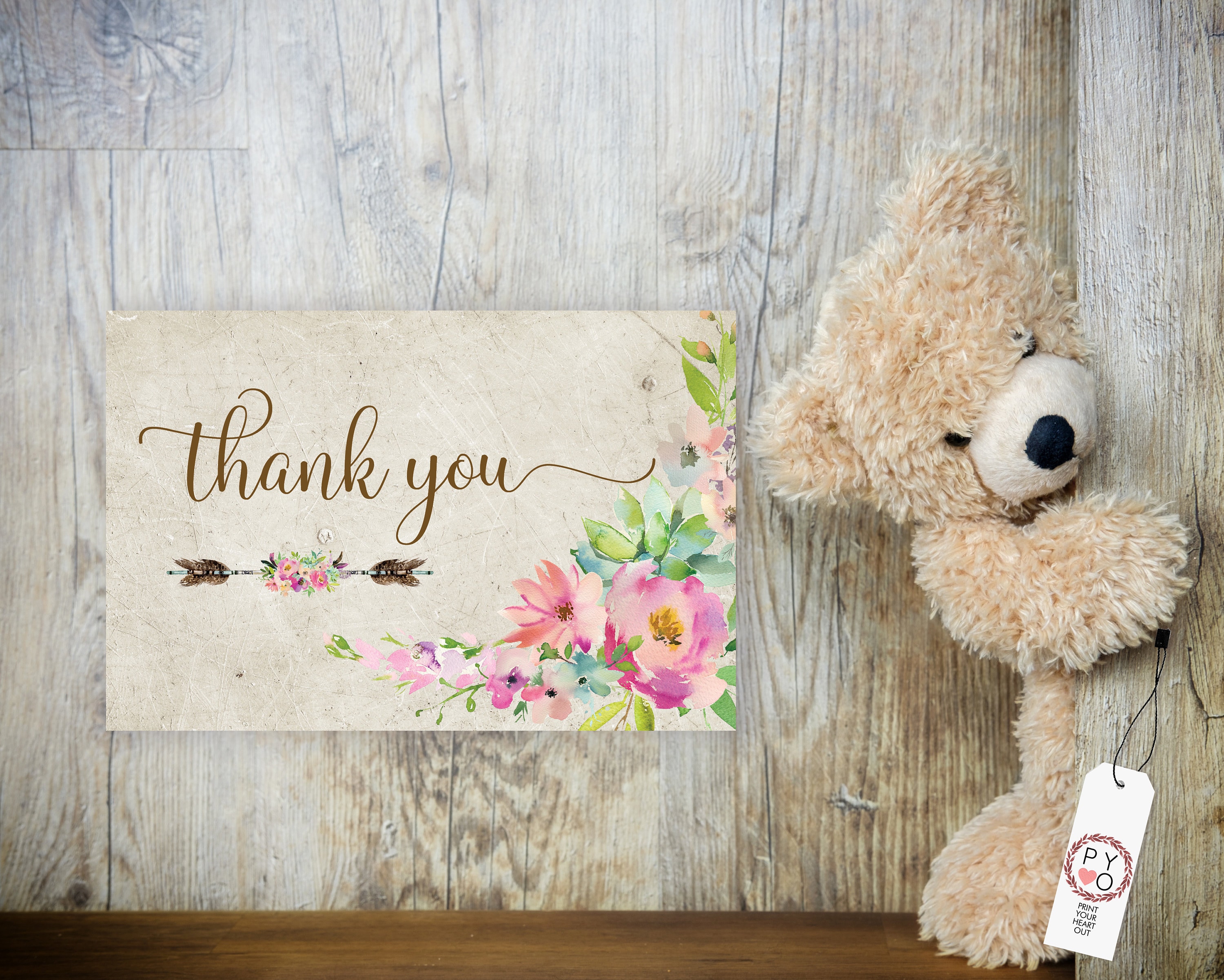 Boho Pink Floral Arrow Thank You Card, Baby Thanks, Printable Thank You ...