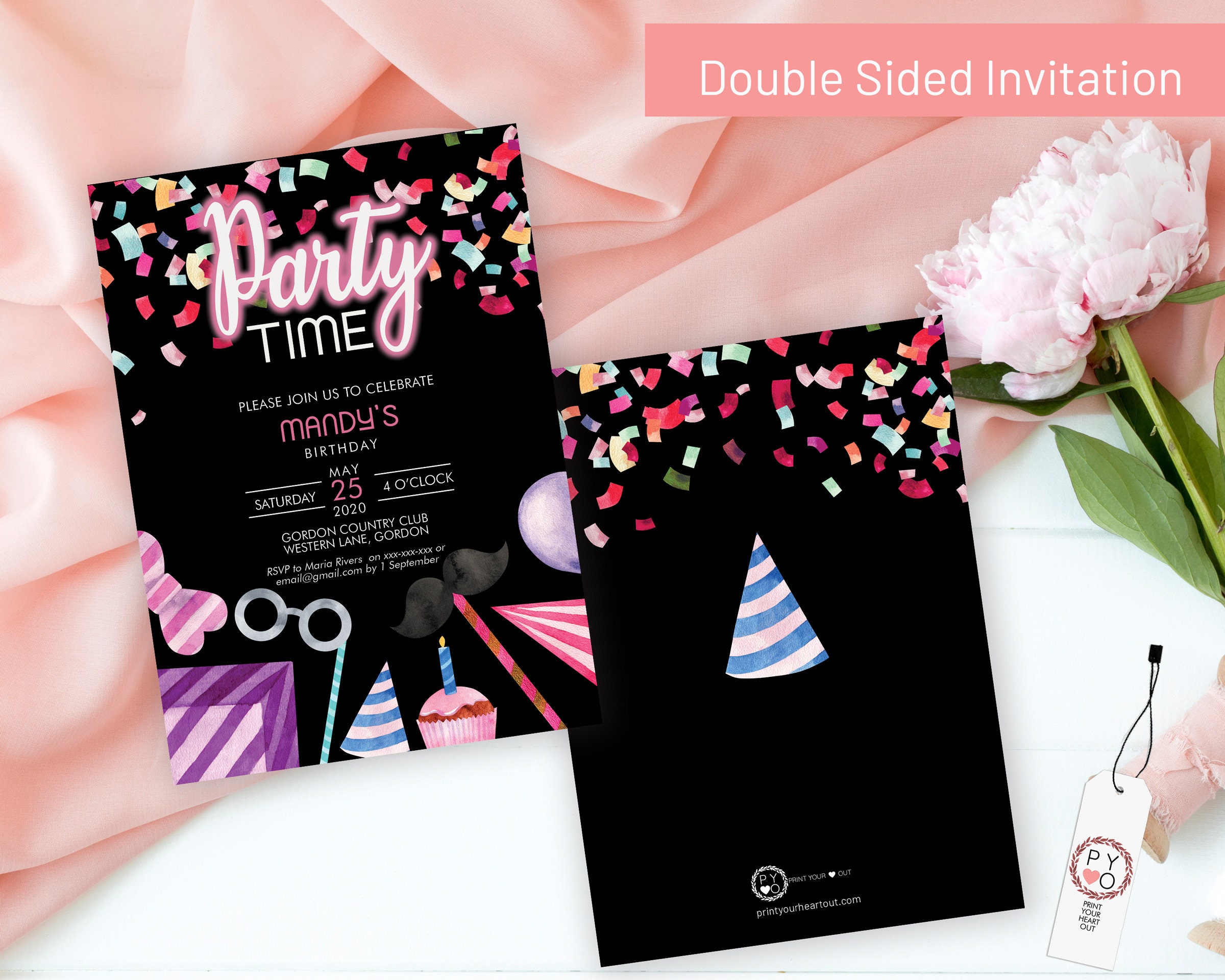 Diy Party Time Birthday Confetti Invitation Printable Template Black