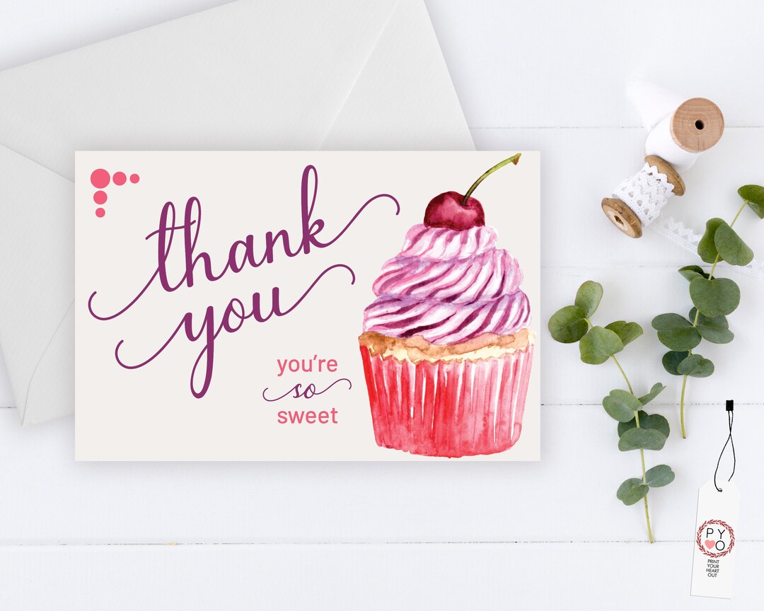Cupcake Thank You Card: Sweet Watercolor Design (PDF, JPEG) - Etsy