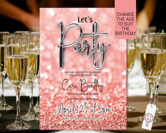 Pink Rosegold Glitter Chrome Invitation Printable Template | Etsy