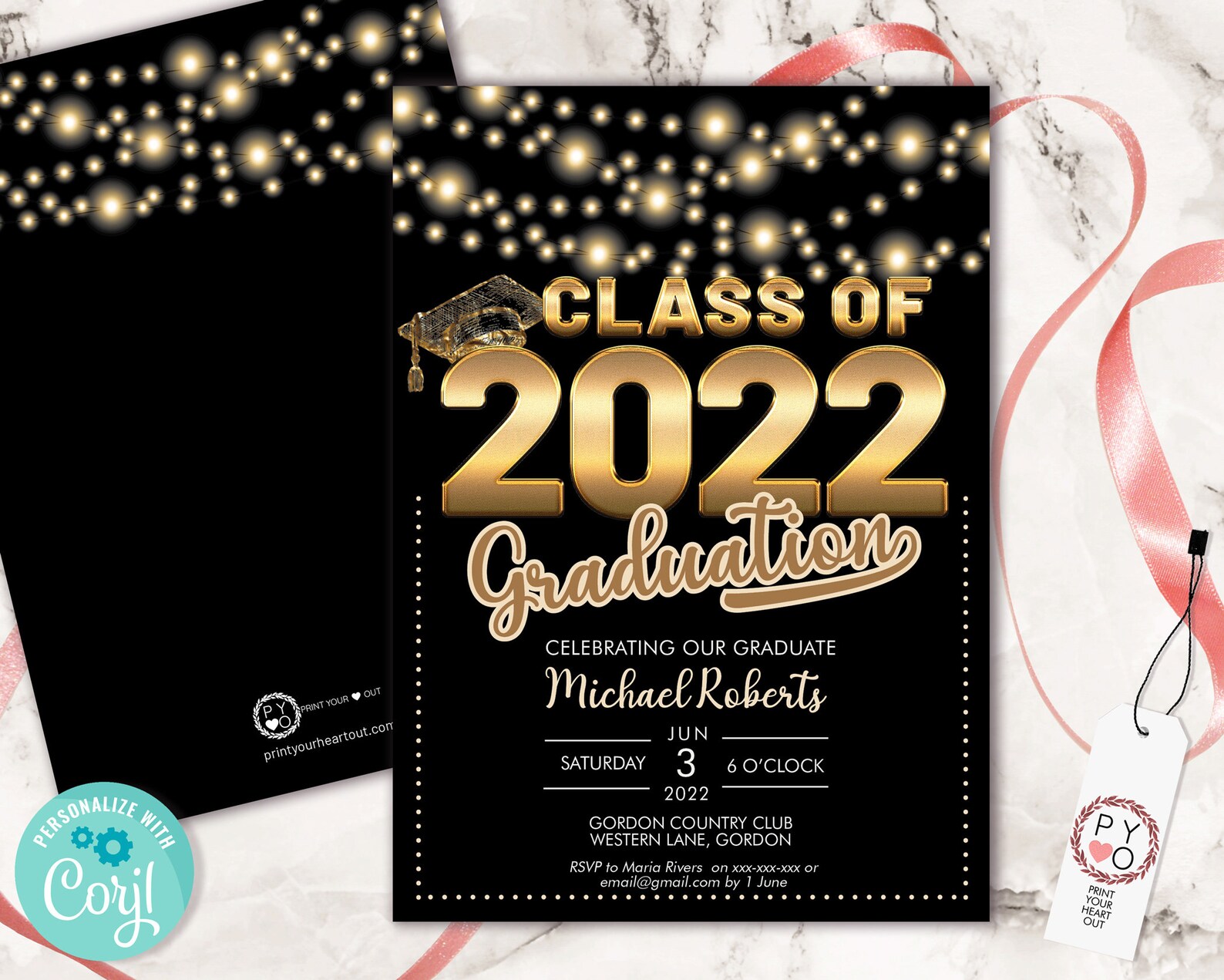 Class of 2022 Gold Foil Graduation Invitation Printable | Etsy