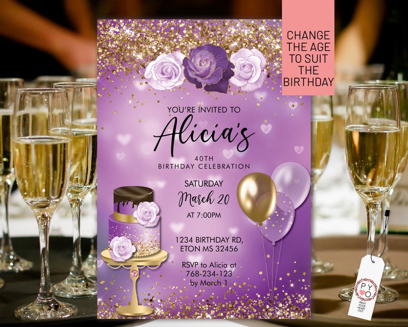 Lilac Purple Birthday Invitation: Gold Glitter Cake, Balloons ...