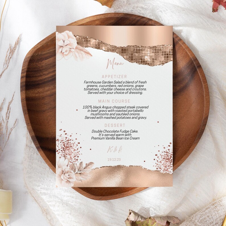 Rose Gold Floral Wedding Menu: Editable DIY Printable (4x9 & 5x7 ...