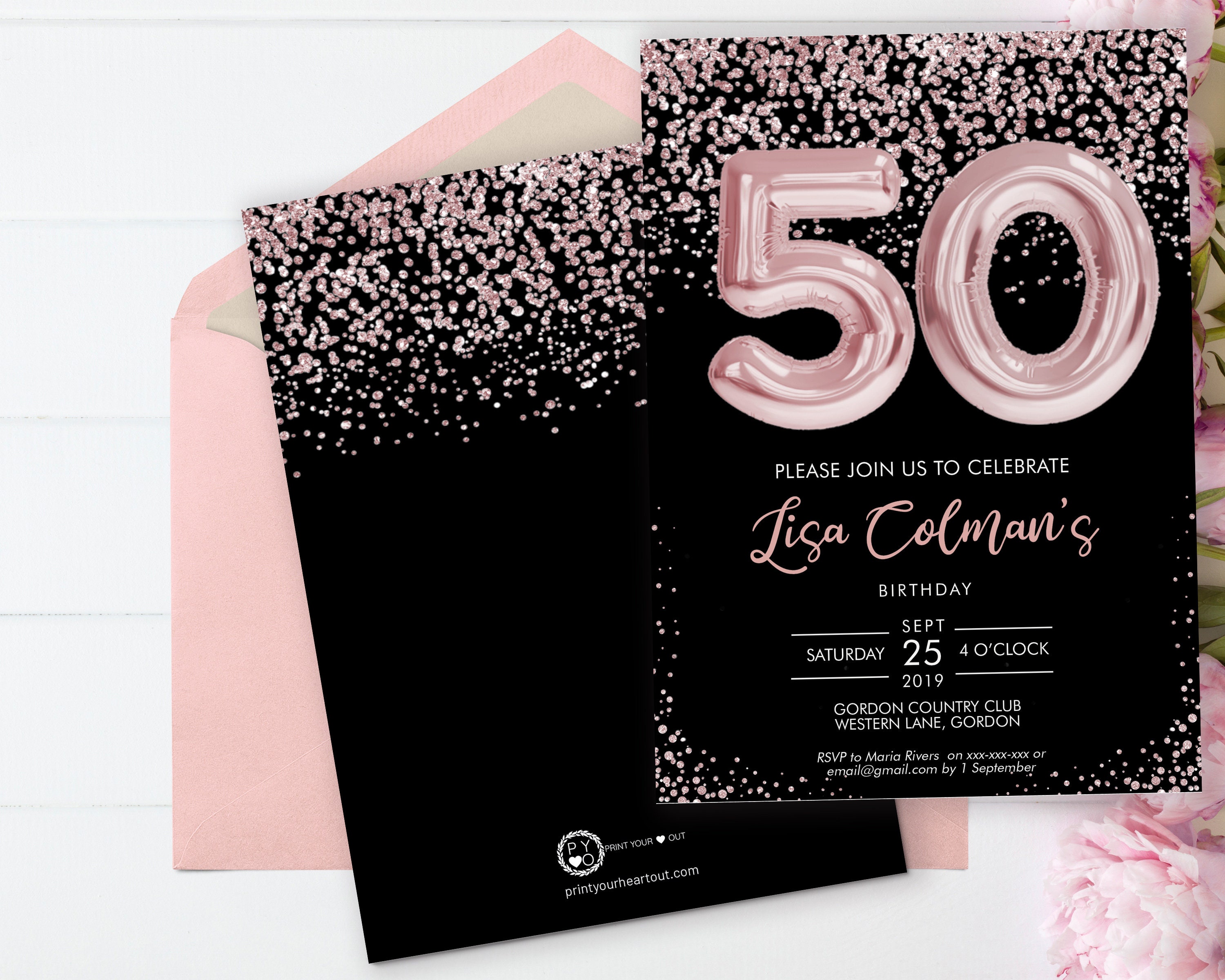 DIY 50th Birthday Pink Foil Balloon Confetti Invitation Printable 