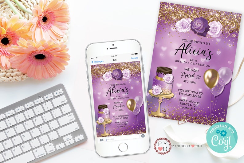Lilac Purple Birthday Invitation: Gold Glitter Cake, Balloons ...