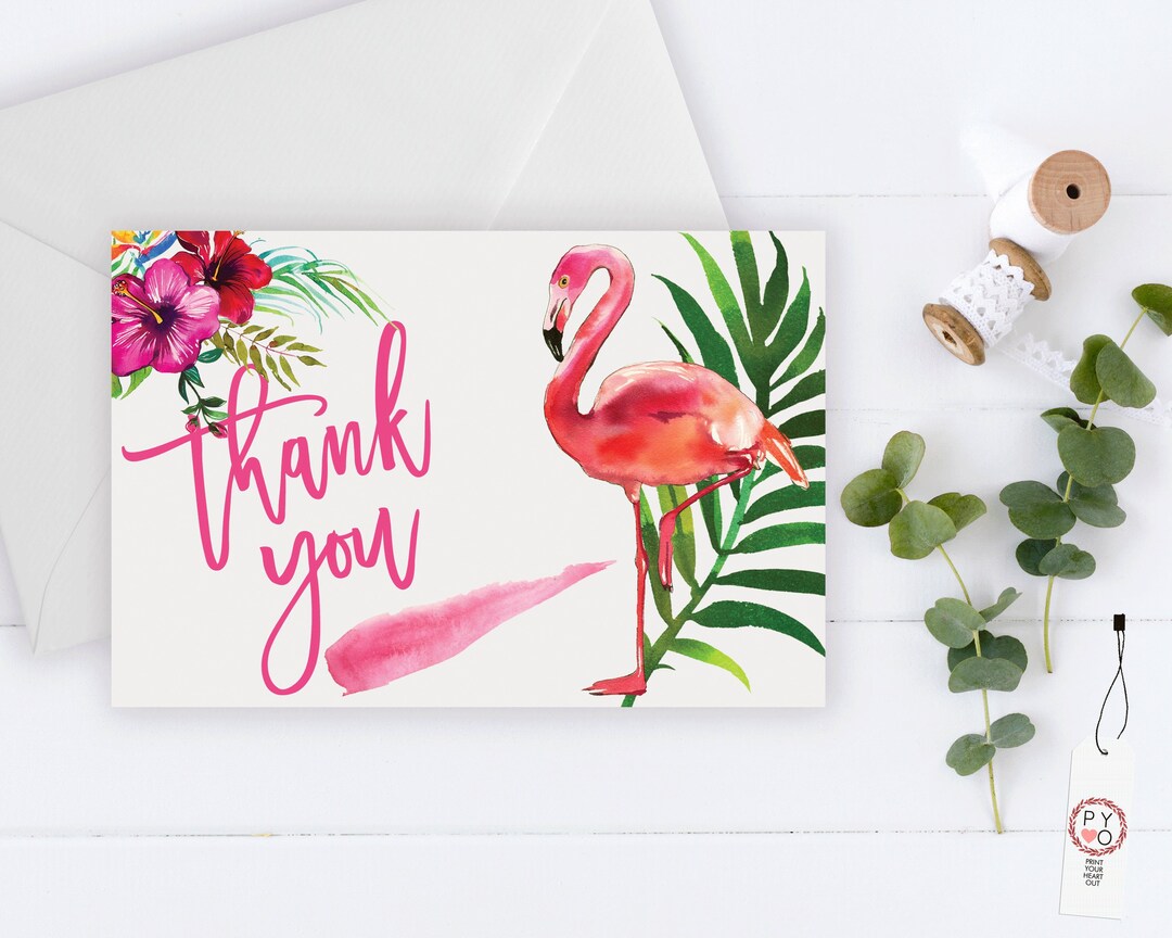 Flamingo Thank You Card, Flamingo Palm, Orange Hibiscus, Tropical Thank ...