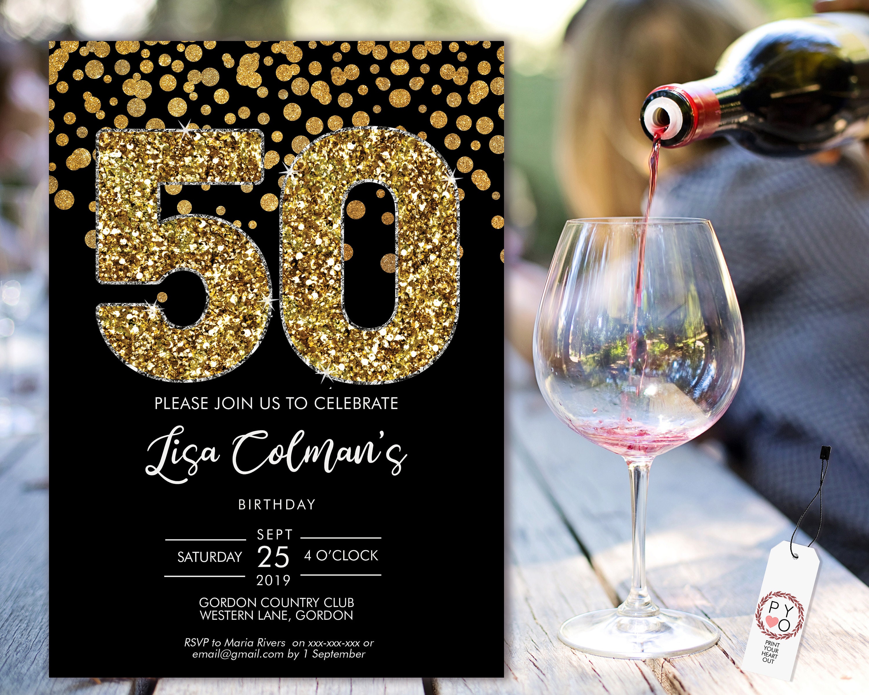 DIY 50th Birthday Confetti Invitation Printable Template Black Gold Glitter Editable Birthday 