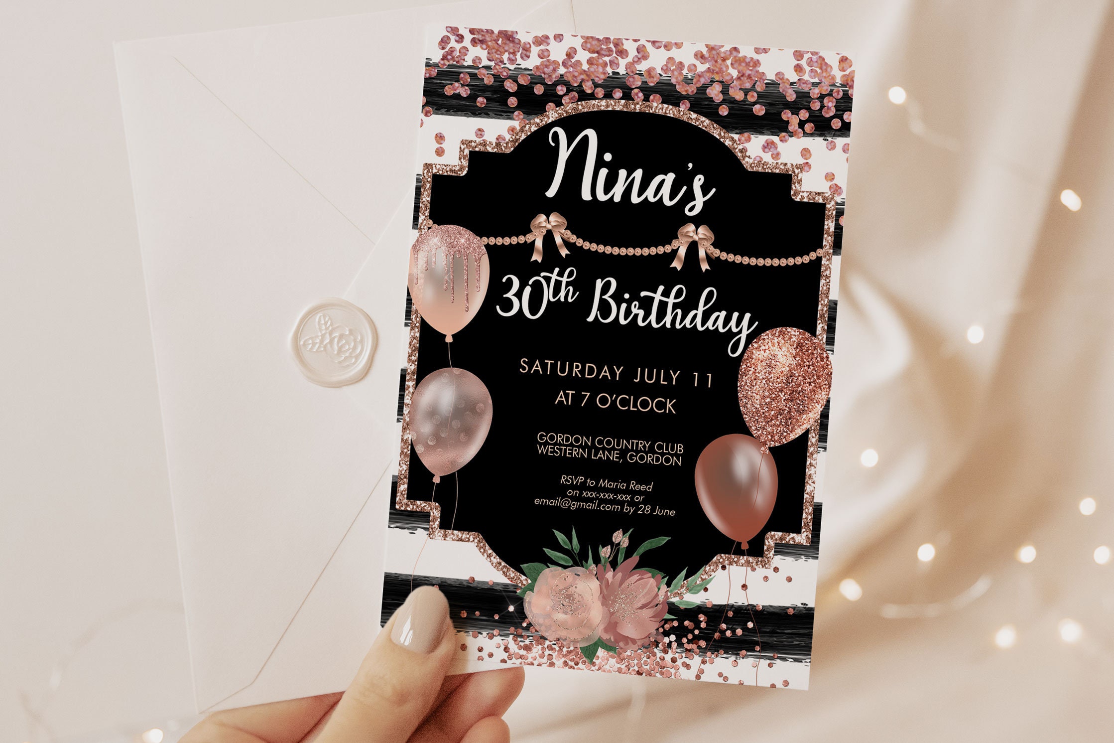 Rose Gold Birthday Balloons Invitation Printable Template Black White 