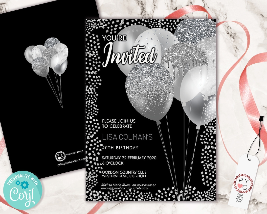Silver Birthday Balloons Invitation Printable Template, Black Silver ...