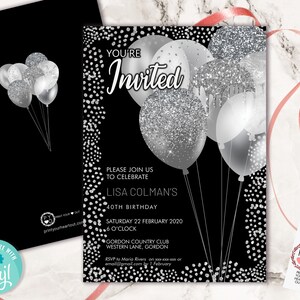 Silver Birthday Balloons Invitation Printable Template, Black Silver ...