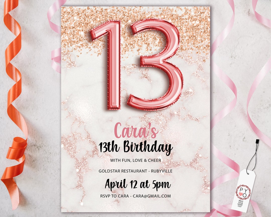13th Birthday Invitation: Marble Rosegold Balloons, Teen Party ...