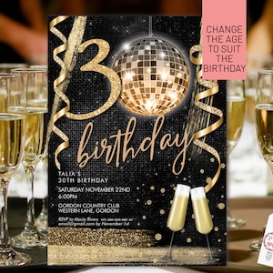 DIY Any Age Birthday Gold Glitter Disco Ball Invitation Printable ...