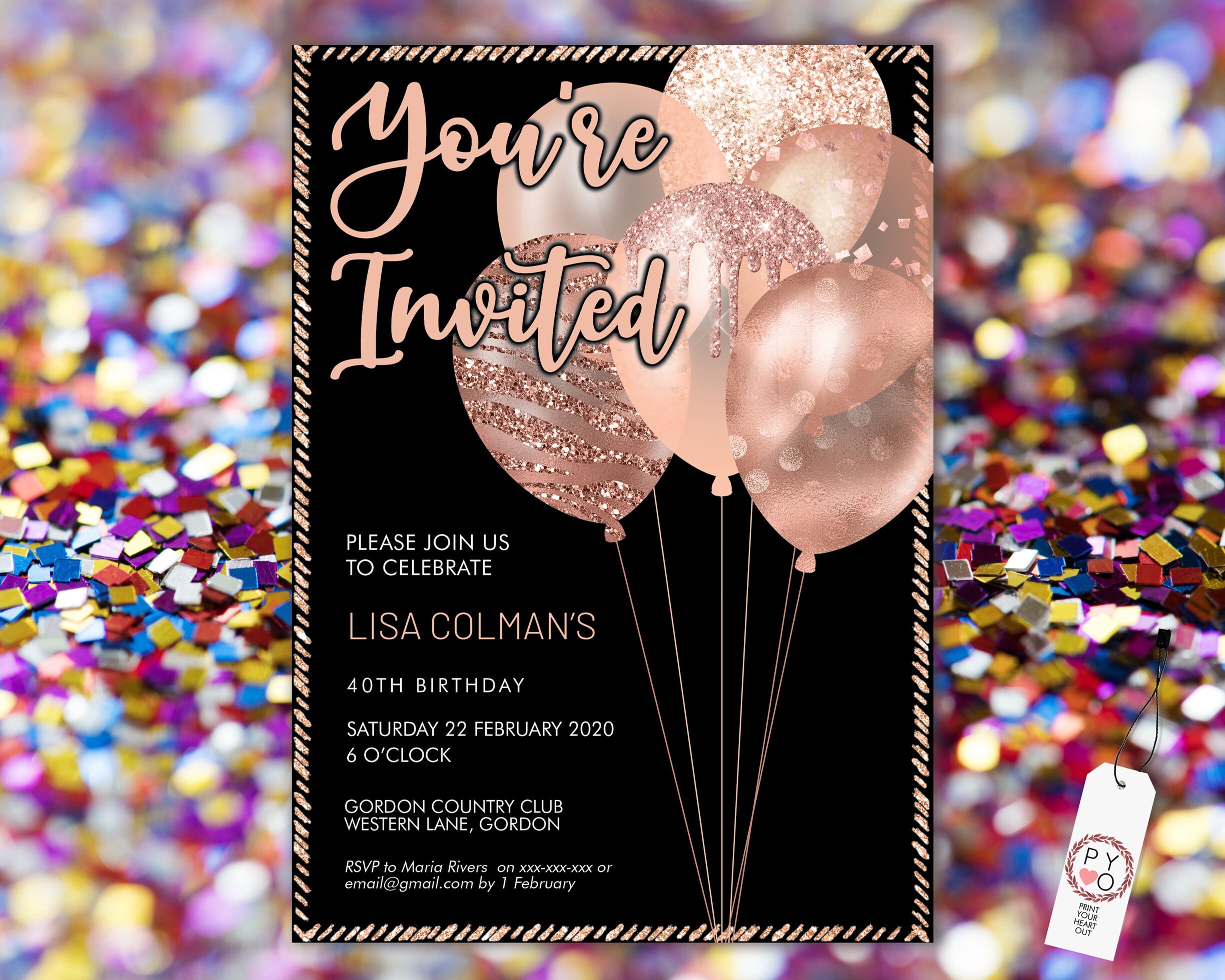 Rose Gold Birthday Balloons Invitation Printable Template Black Gold 