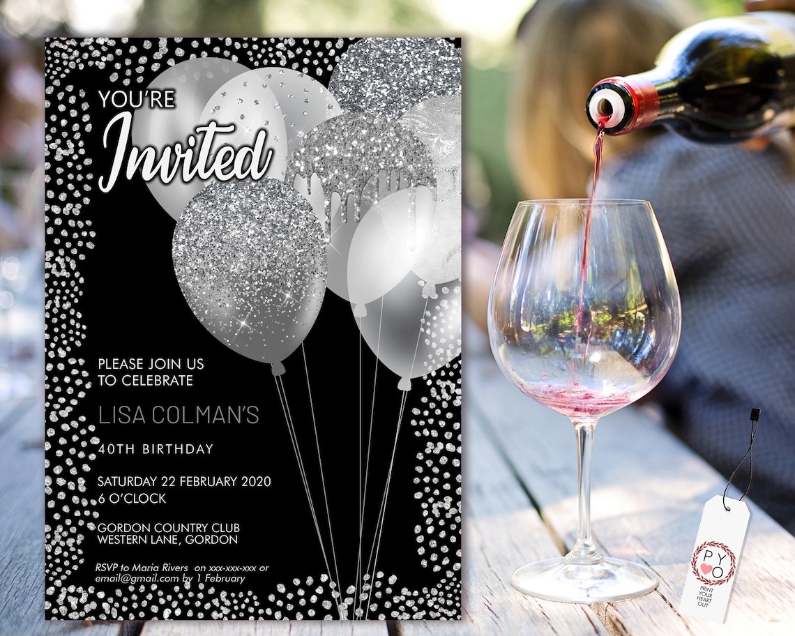 Silver Birthday Balloons Invitation Printable Template Black - Etsy