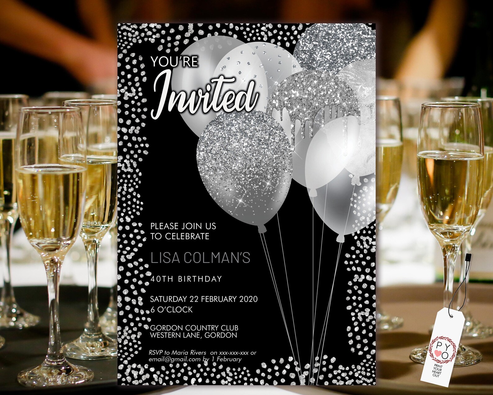 Silver Birthday Balloons Invitation Printable Template Black - Etsy